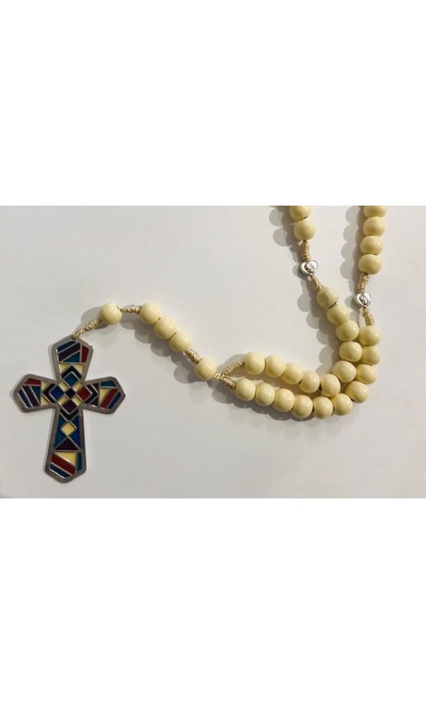 Chapelet en bois naturel, croix XXL style vitrail