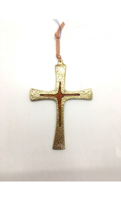 Croix murale en bronze martelée, centre émaillé orange (Création ...