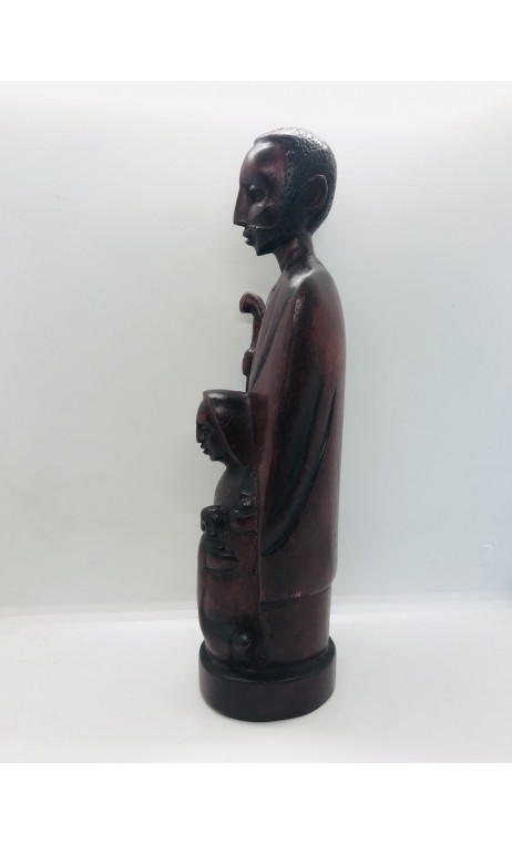Statue Sainte Famille africaine en bois rouge (31 cm)
